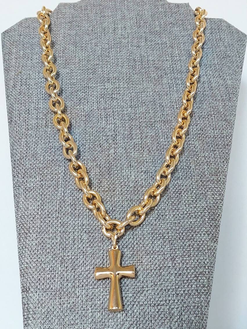 Gold Cross Pendant Large Chain Link Necklace - Etsy
