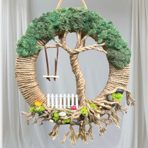 Tree of Life Wreath With Swing, Picket Fence & Mushrooms , Jute Rope ...