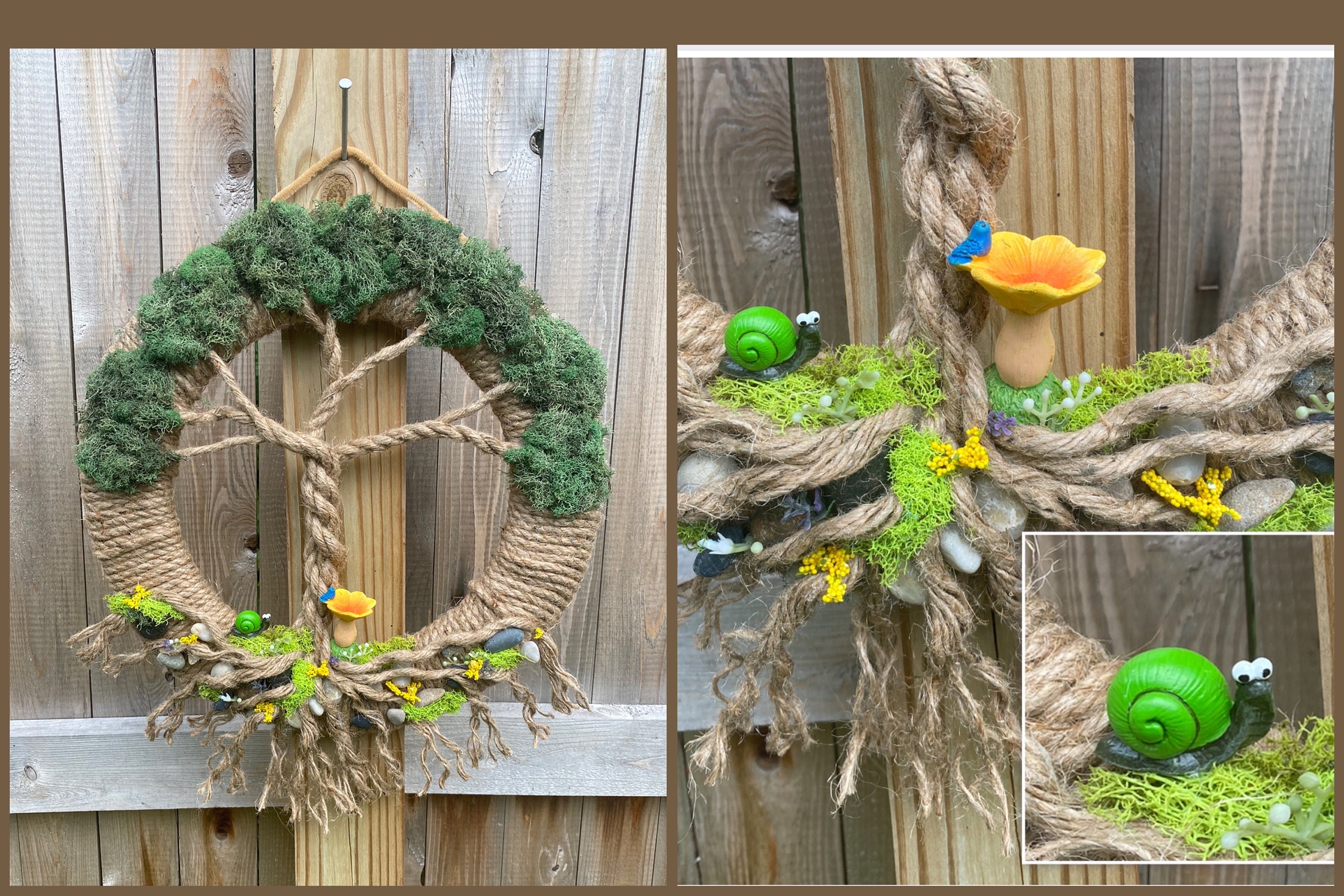 Tree of Life Wreath With Green Snail & Yellow Birdbath, Jute Rope Moss ...