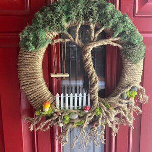 Tree of Life Wreath With Swing, Picket Fence & Mushrooms , Jute Rope ...