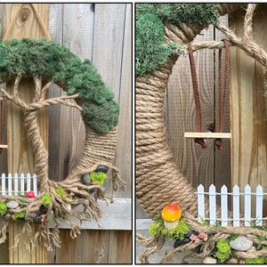 Tree of Life Wreath With Swing, Picket Fence & Mushrooms , Jute Rope ...