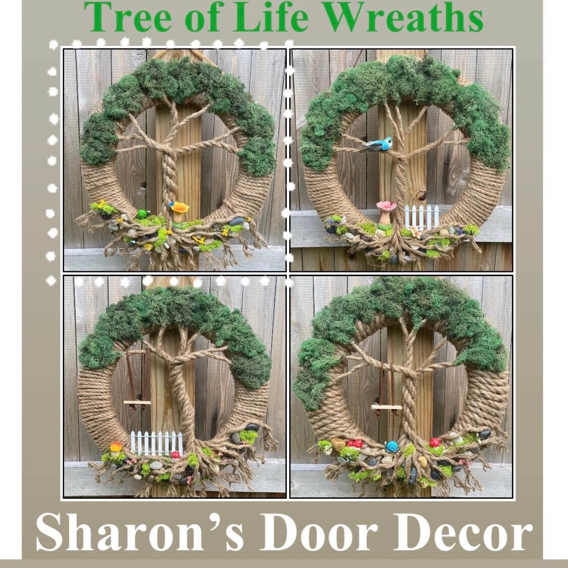 Tree of Life Wreath With Green Snail & Yellow Birdbath, Jute Rope Moss ...