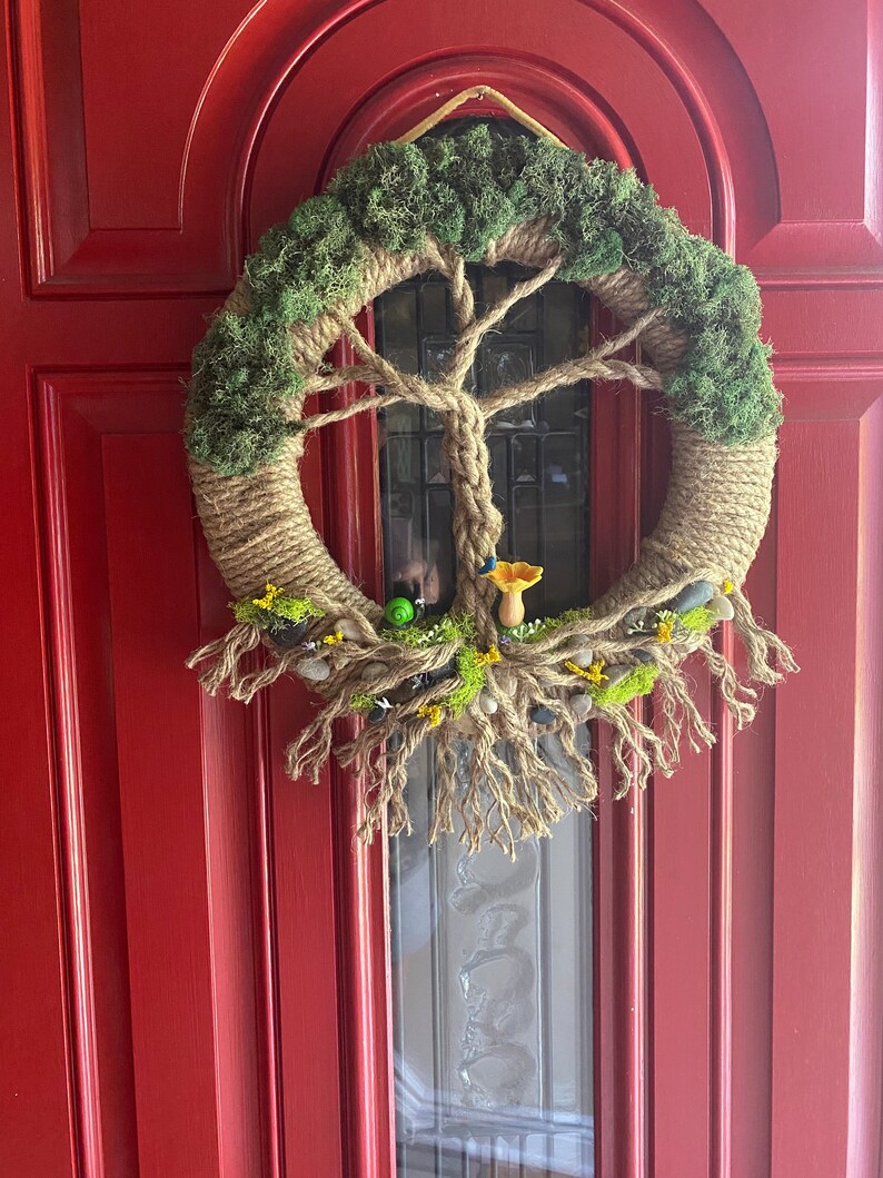 Tree of Life Wreath With Green Snail & Yellow Birdbath, Jute Rope Moss ...