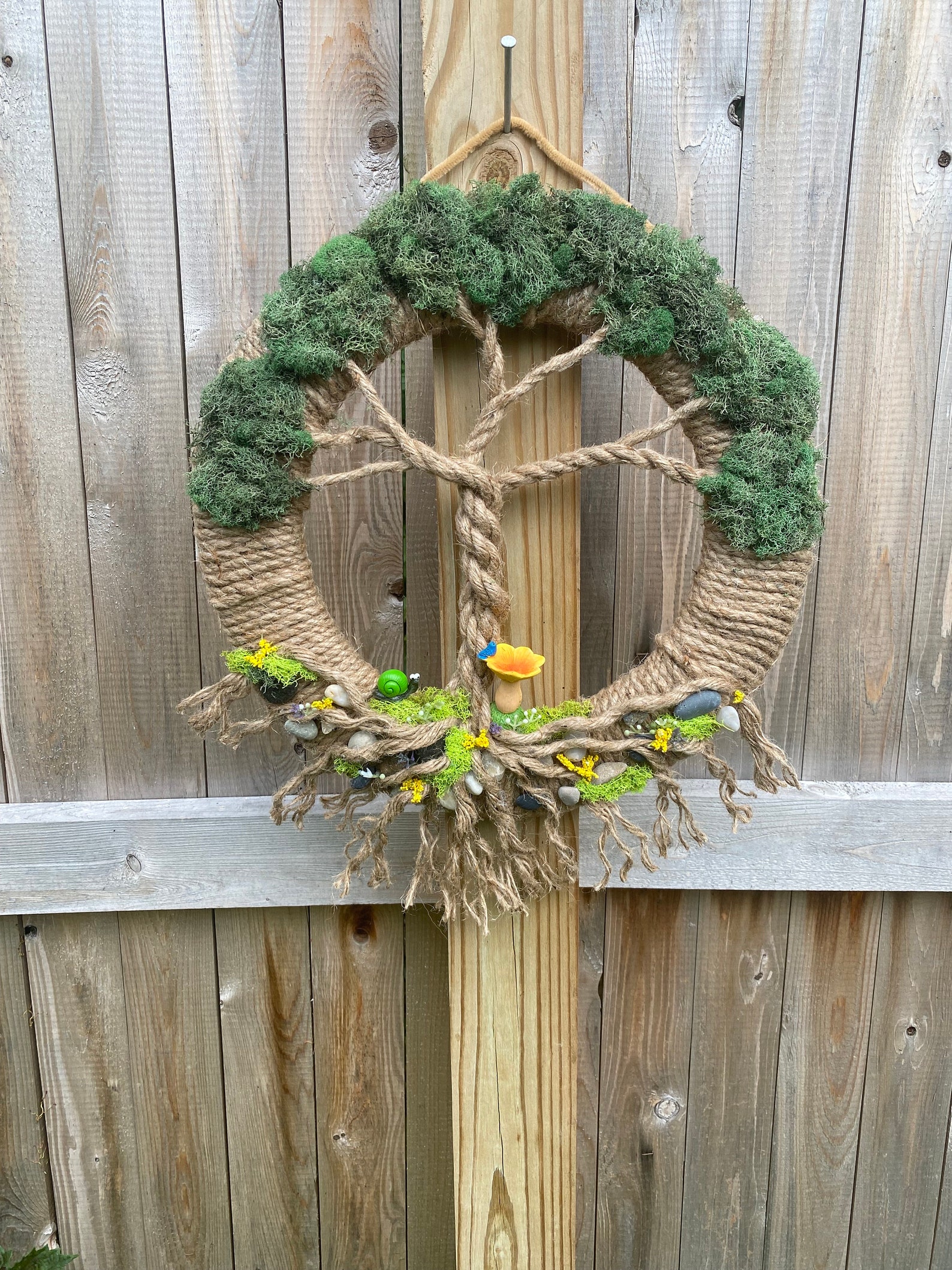 Tree of Life Wreath With Green Snail & Yellow Birdbath, Jute Rope Moss ...