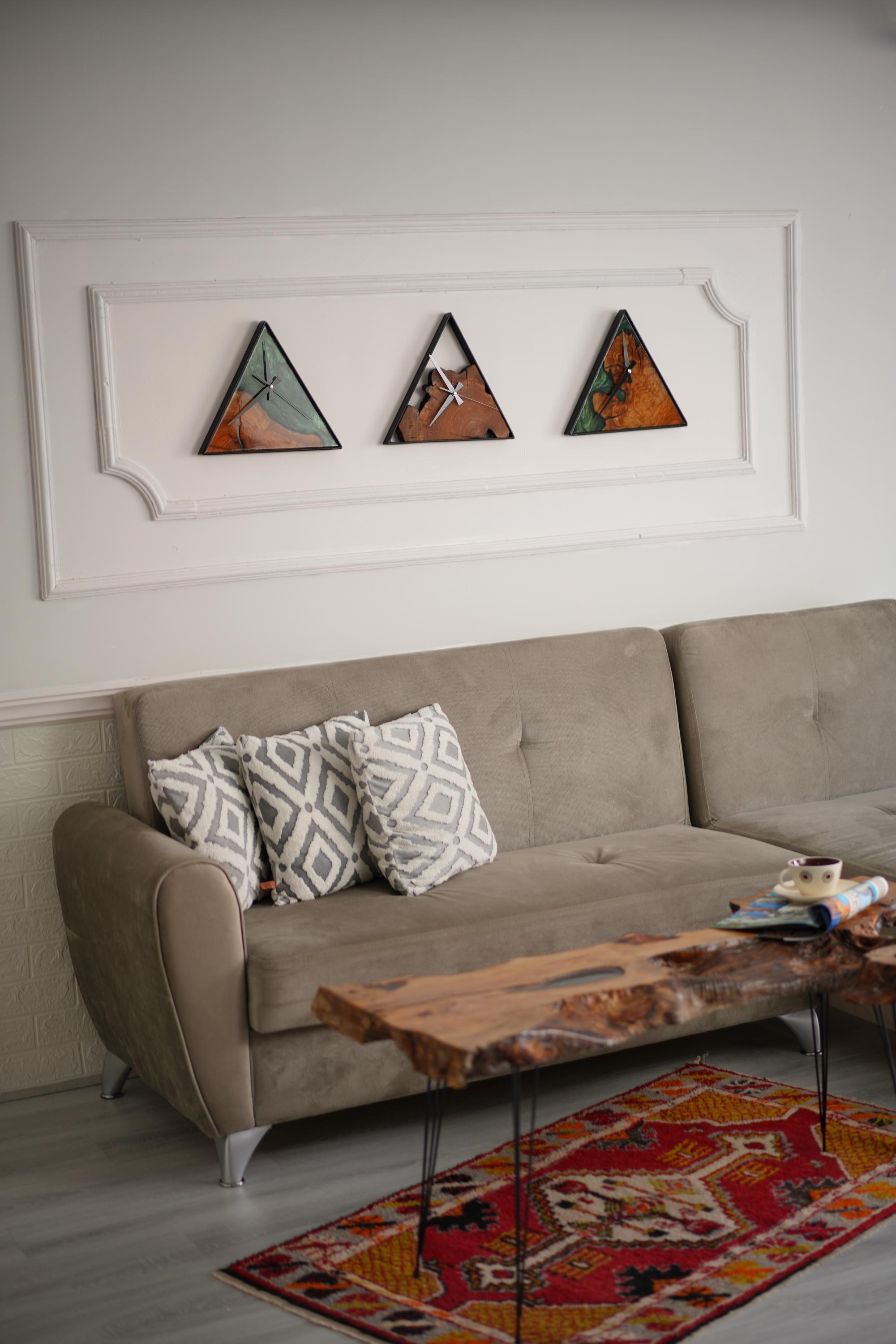 Triangle Desk Clock,wood Epoxy Clock ,metal Frame Clock,handmade Modern ...