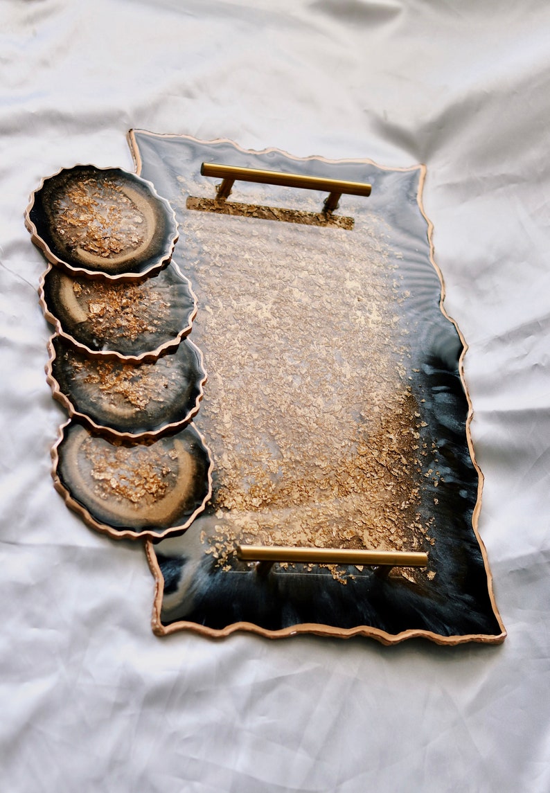 Resin Tray & Coaster Serving Set/resin Black Gold Tray With Handles ...