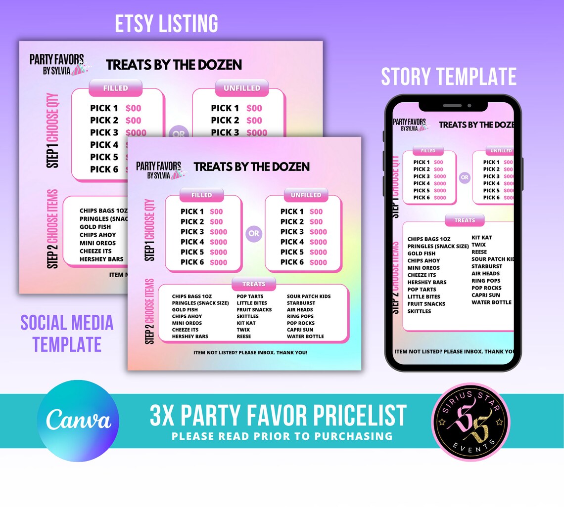 Treats Menu, Party Favor Menu, Etsy Pricelist, Etsy Menu, Party Favor ...