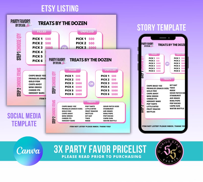 Treats Menu Party Favor Menu Etsy Pricelist Etsy Menu - Etsy