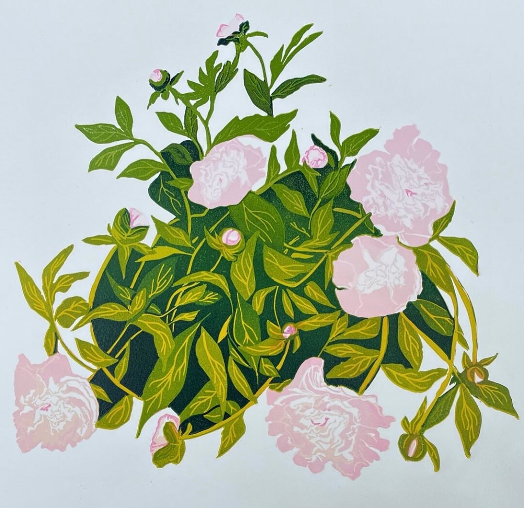 Peonies - Original Linocut Reduction Print - Peony Flower - Botanical ...