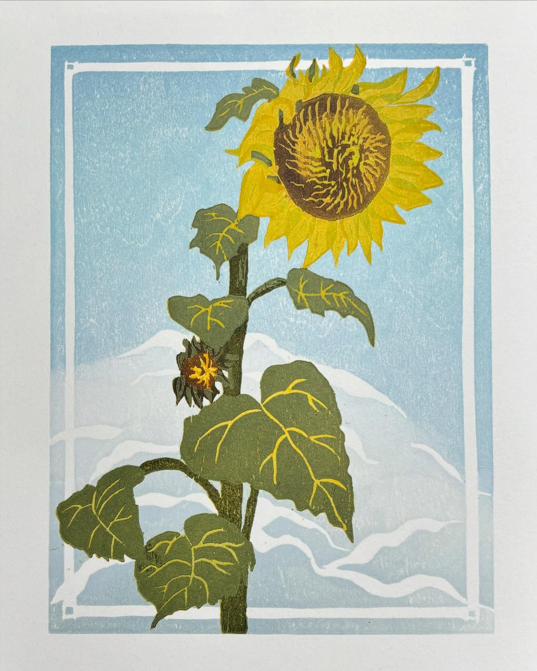 Sunflower Woodcut Reduction Print - Cloud Mountains - August ...