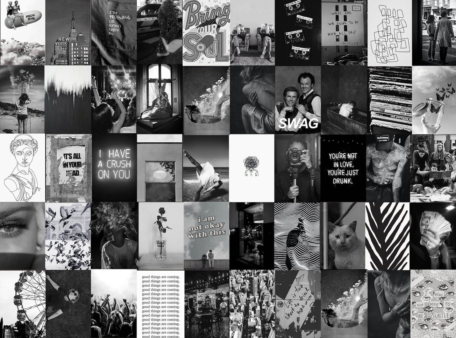 Black and White Wall Collage Kit, Grunge Collage Kit Wall Decor, Black ...