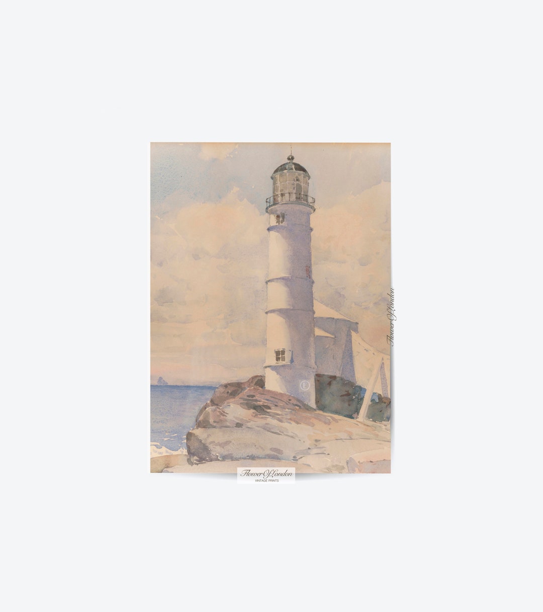 Lighthouse Print, Neutral Summer Sea Seashore Coastal Cliffs Print ...