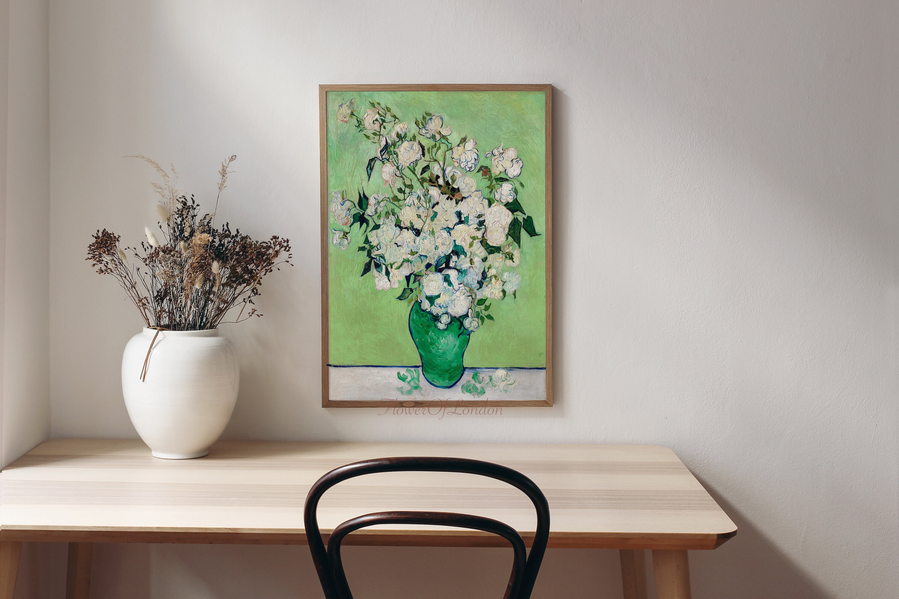 Vincent Van Gogh Print White Roses in a Vase Green Background Classical ...