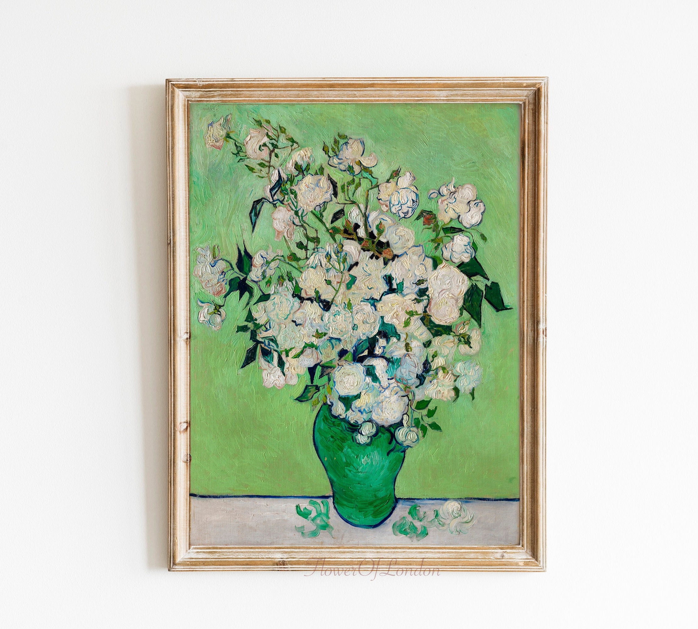 Vincent Van Gogh Print White Roses in a Vase Green Background Classical ...