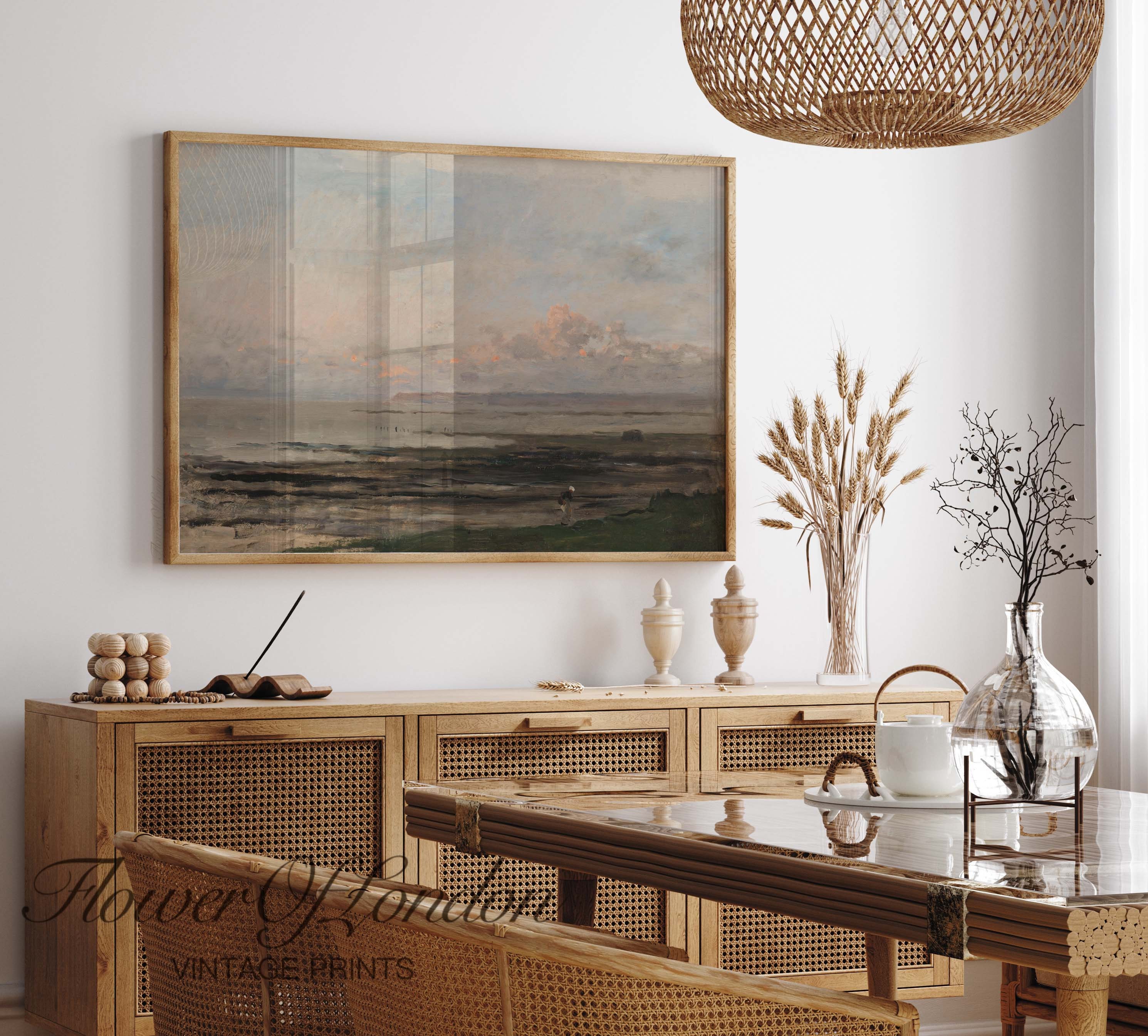 Moody Coastal Print, Vintage Rustic Beach Landscape Simple Seaside Sea ...