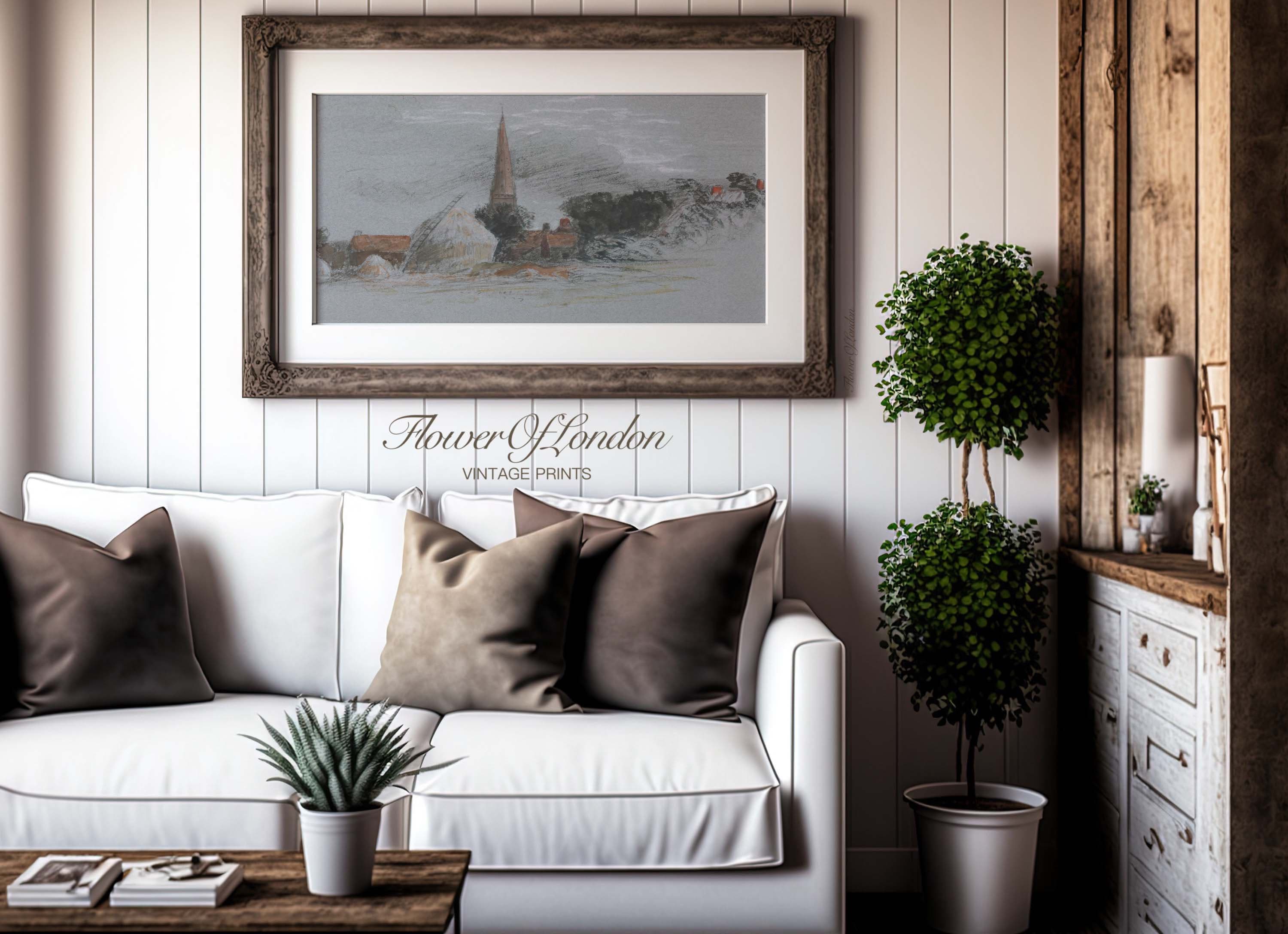 Vintage Village Church Print, Minimalist European Neutral Pastel Old ...