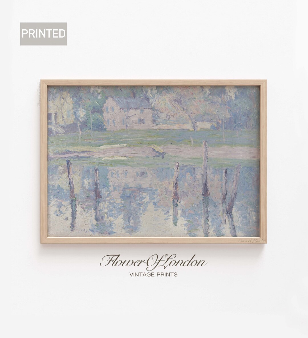 Spring Landscape Print, Rustic Vintage Lake Painting, Spring Riverbank ...