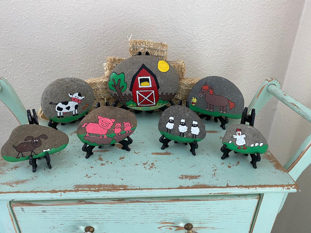 Painted Rocks, Farm, Sheep, Chicken, Pigs, Cow, Horse, Dog, Barn, Set ...