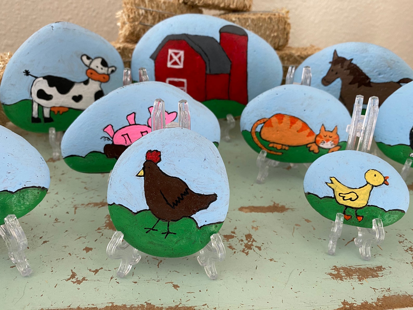 Painted rocks farm farmer barn cow horse sheep dog | Etsy
