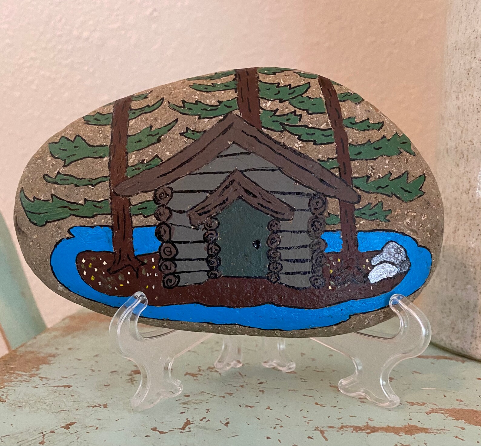 Hand Painted Rock Cabin Camping Forest Woods Trees Lake - Etsy