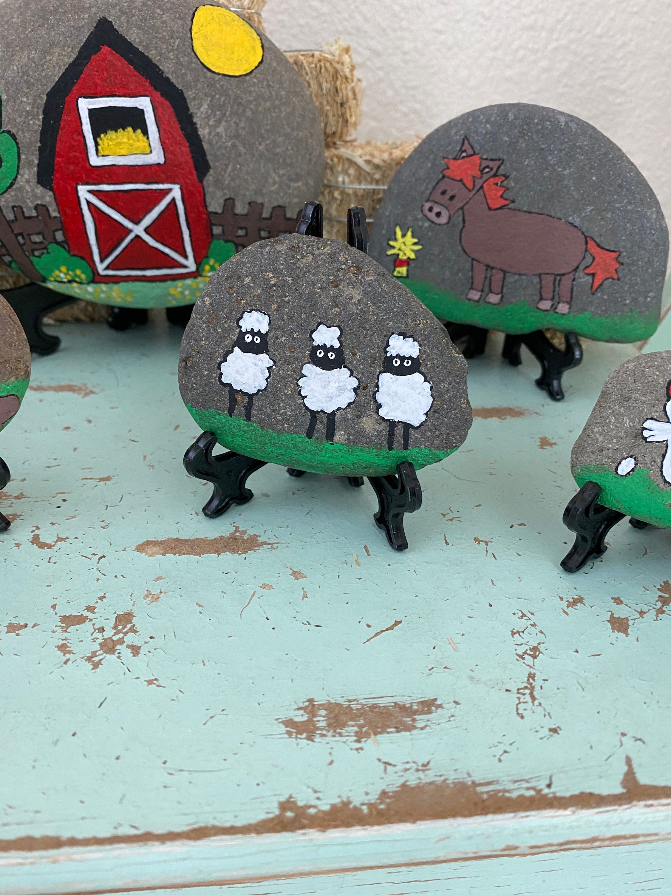 Painted Rocks, Farm, Sheep, Chicken, Pigs, Cow, Horse, Dog, Barn, Set ...