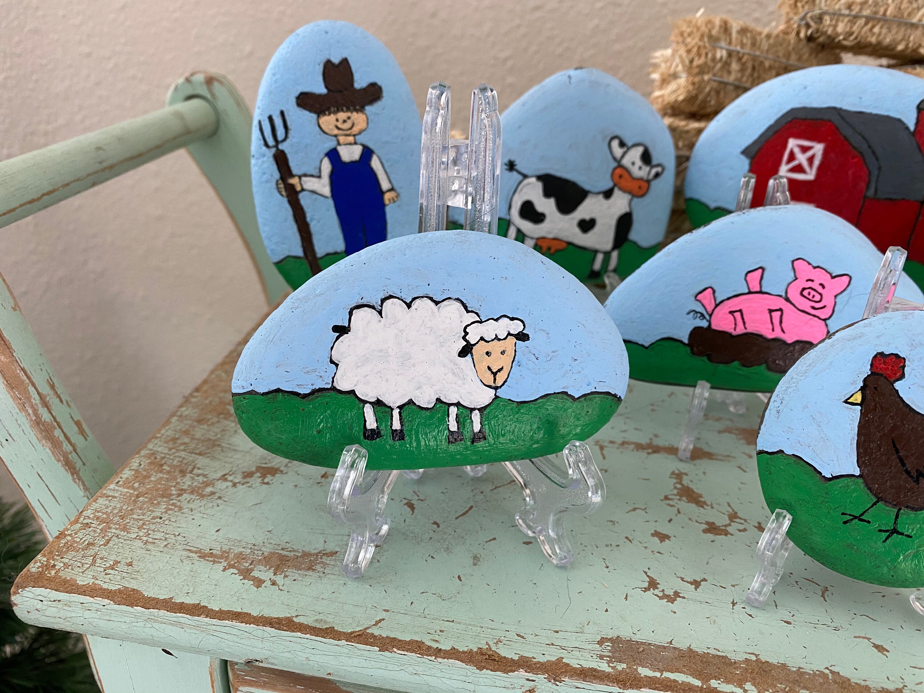 Painted rocks farm farmer barn cow horse sheep dog | Etsy