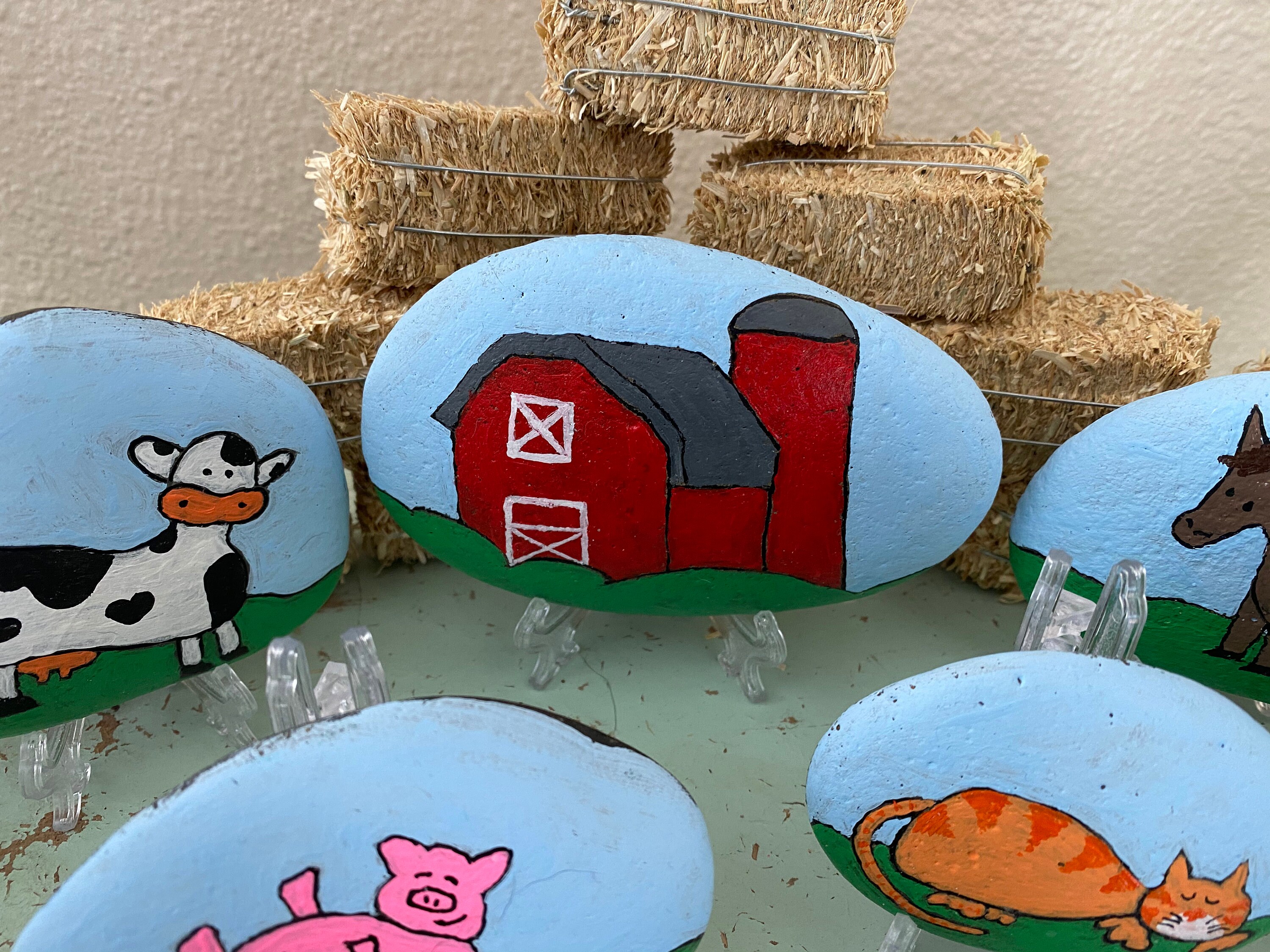 Painted rocks farm farmer barn cow horse sheep dog | Etsy