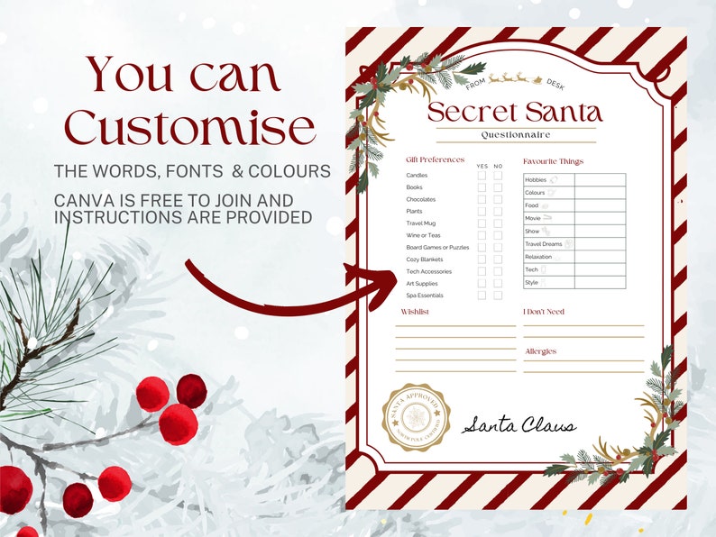Secret Santa Questionnaire, Secret Santa Form, Secret Santa Template ...