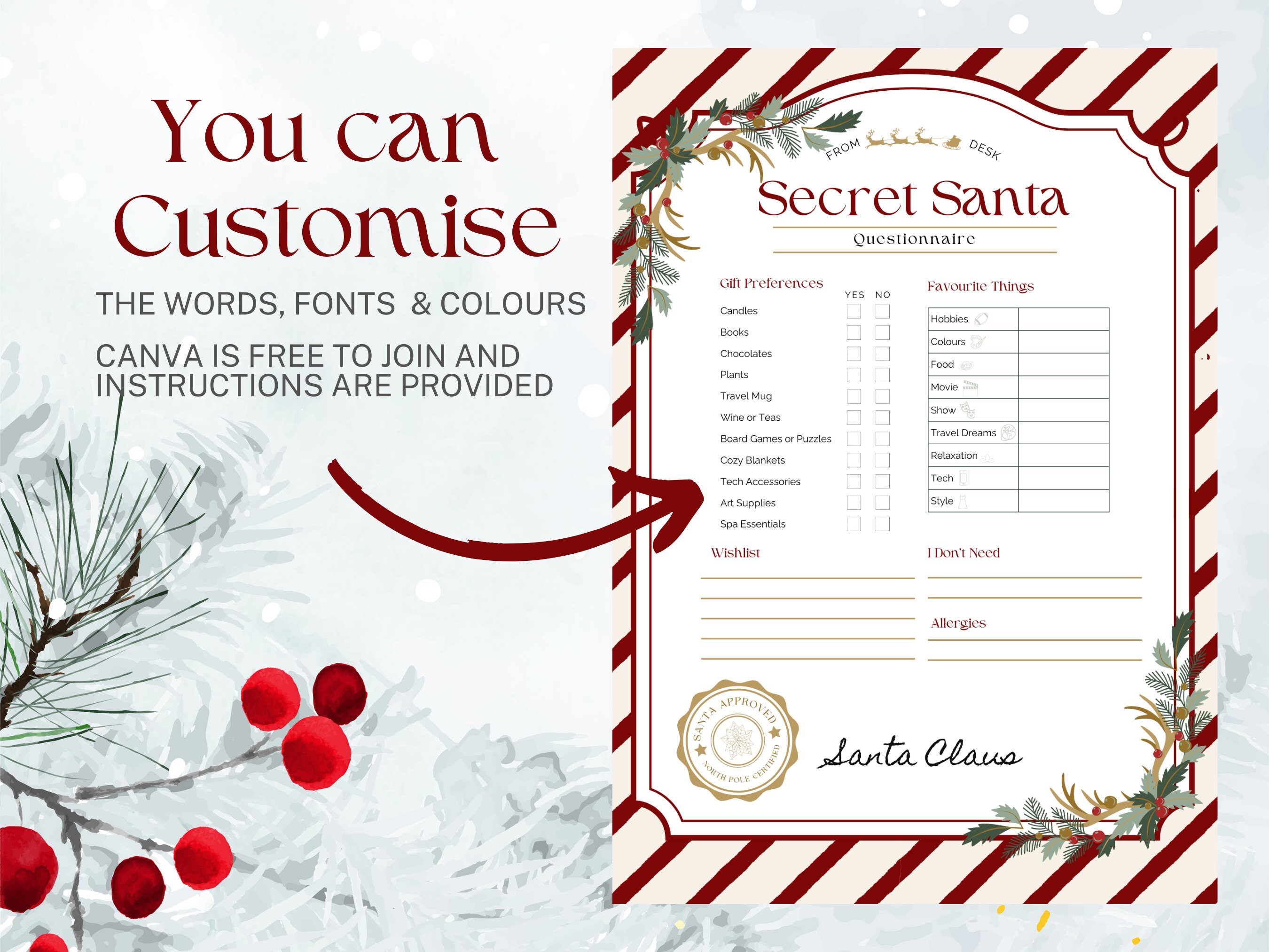 Secret Santa Questionnaire, Secret Santa Form, Secret Santa Template ...