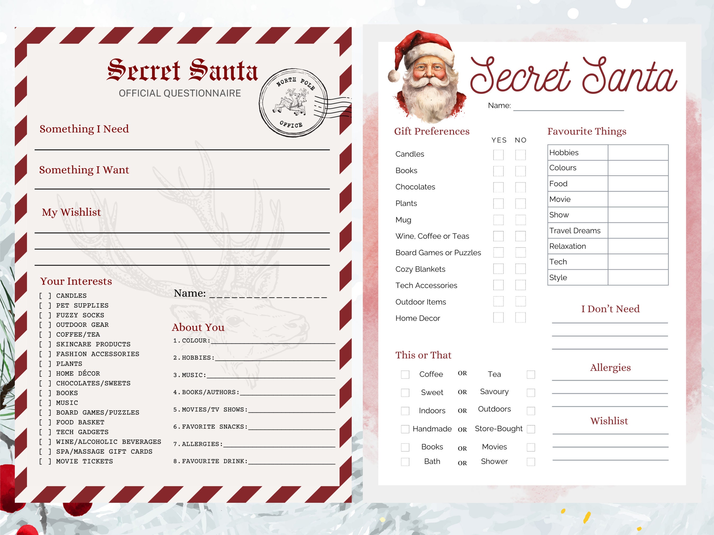 Secret Santa Questionnaire, Secret Santa Form, Secret Santa Template ...
