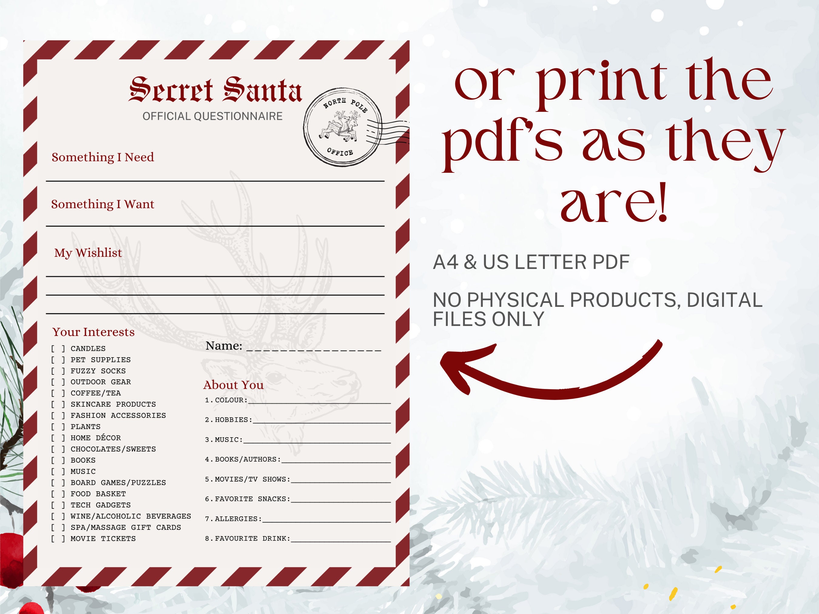 Secret Santa Questionnaire, Secret Santa Form, Secret Santa Template ...
