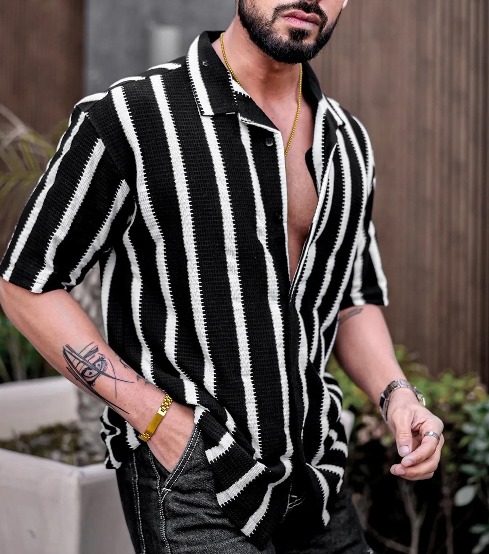Men's Vertical Striped Waffle Shirt: Cuban Collar Summer Fashion - Etsy