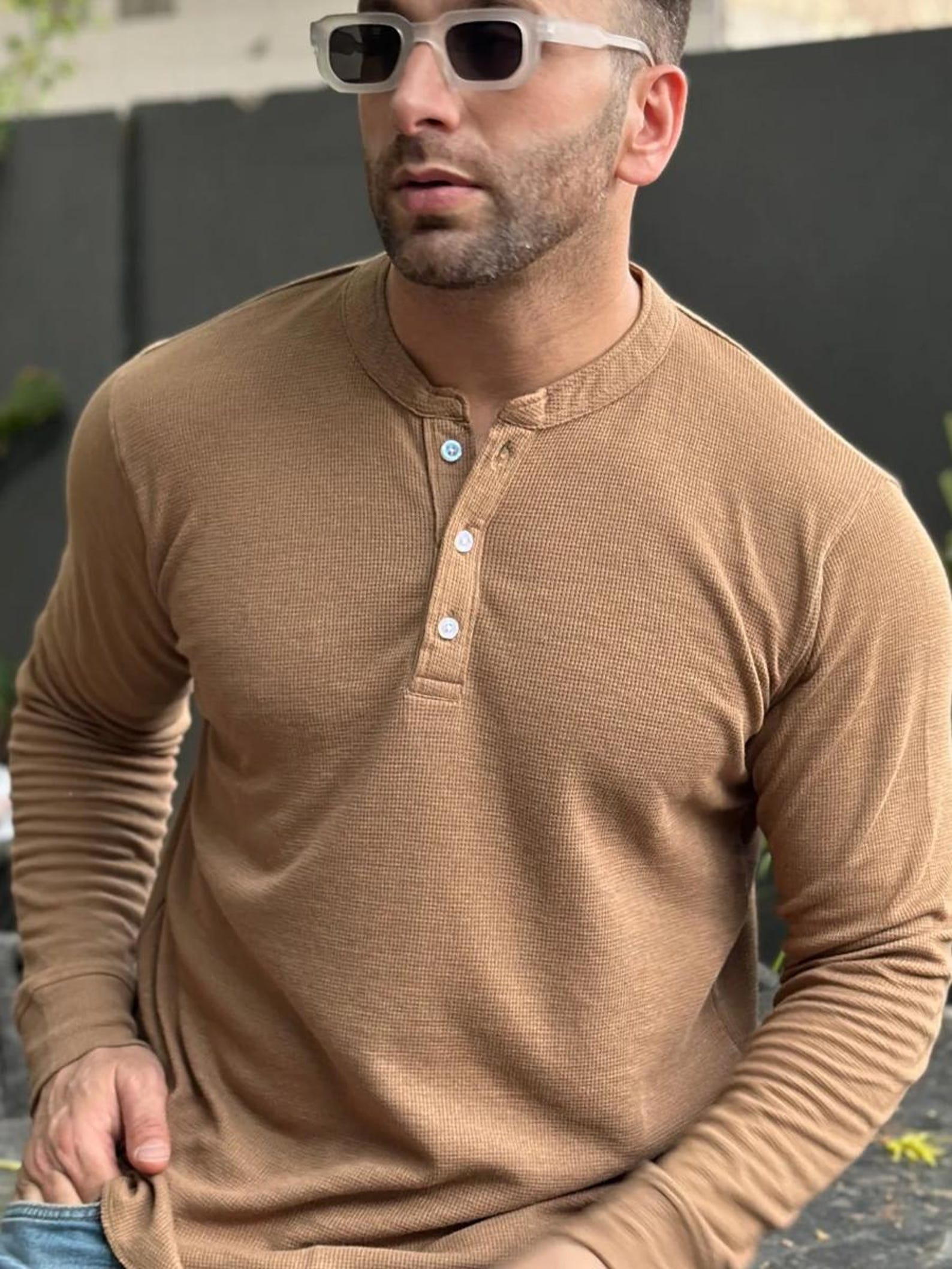 Handmade Waffle Knit Henley Men Shirt, Button up Long Sleeve Henley ...