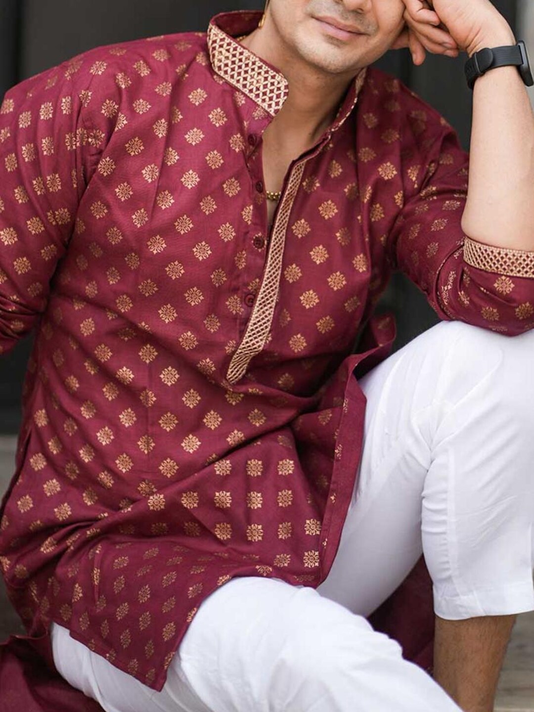 Maroon Block Print Kurta, Men Indian Kurta, Ethnic Long Sleeve Men ...