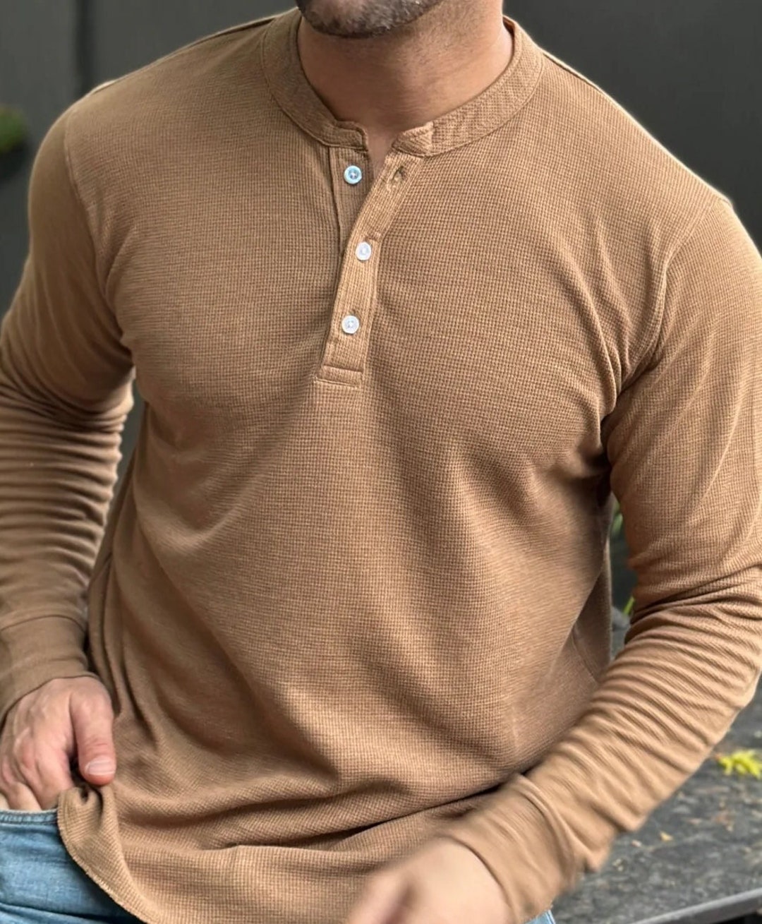 Handmade Self Design Henley Neck Men Shirt, Men Waffle Knit Henley ...