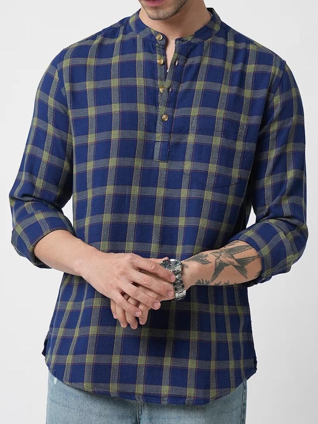Handmade Midnight Blue Men's Kurta, Mandarin Collar Printed Men's Kurta ...