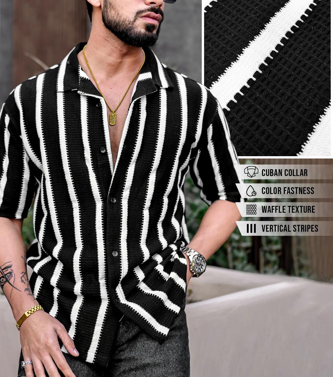 Men's Vertical Striped Waffle Shirt: Cuban Collar Summer Fashion - Etsy