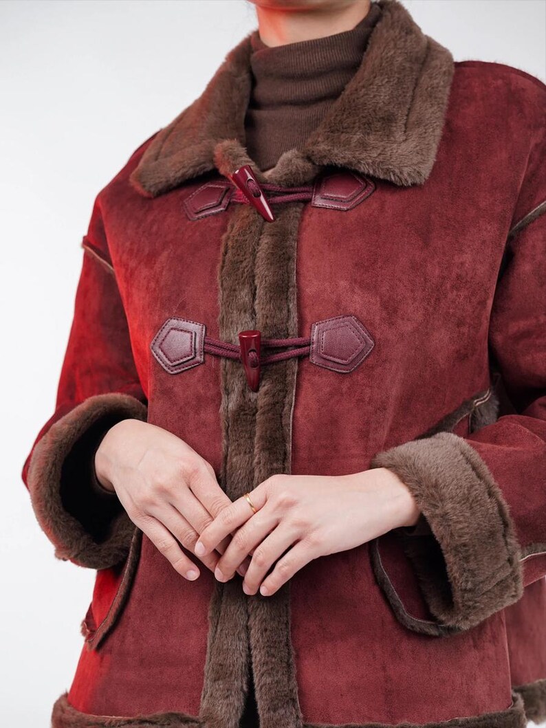Vintage Sheepskin Suede Jacket: Maroon Shearling Winter Coat, 90s ...
