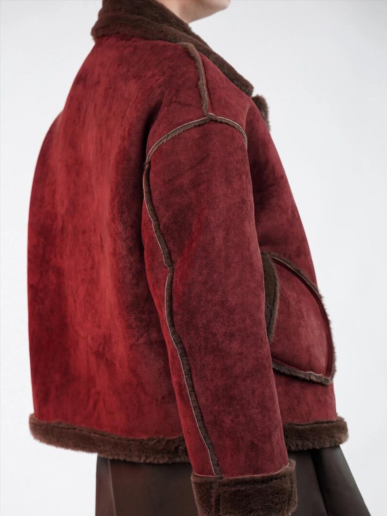 Vintage Sheepskin Suede Jacket: Maroon Shearling Winter Coat, 90s ...