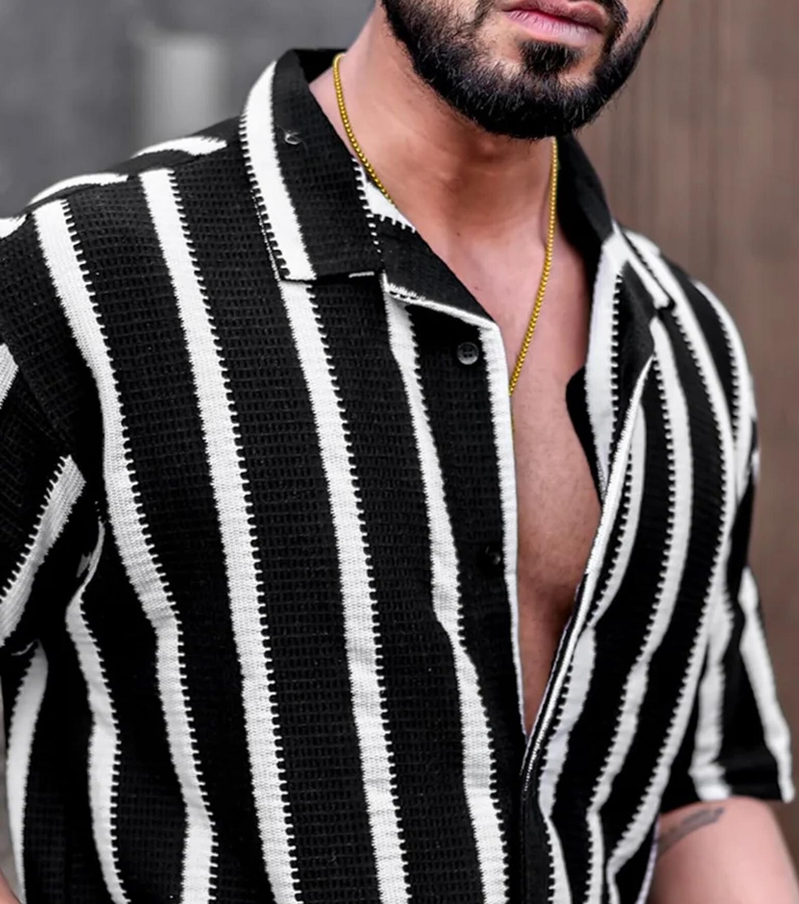 Men's Vertical Striped Waffle Shirt: Cuban Collar Summer Fashion - Etsy