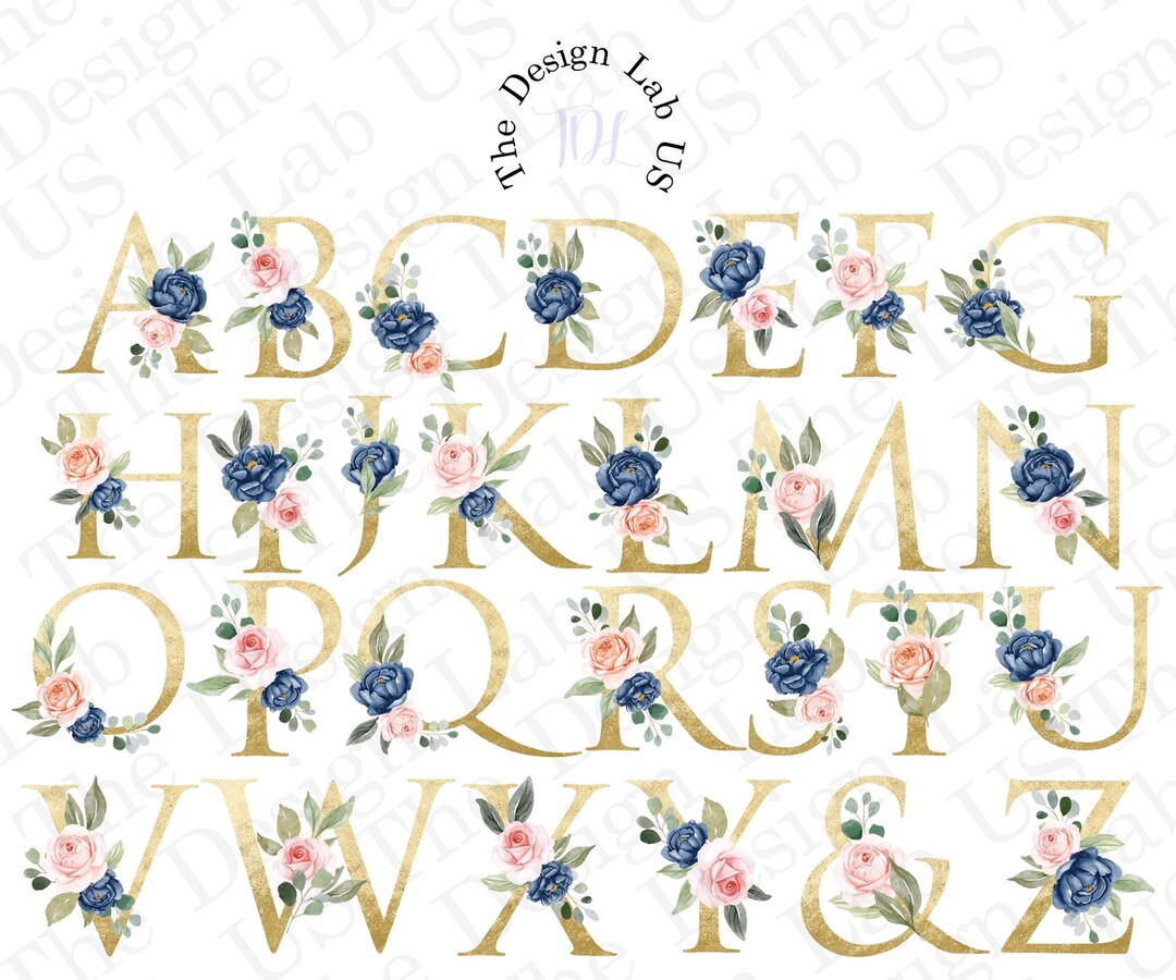 Floral Pink, Navy Blue & Gold Alphabet Clipart, Letters Clipart ...