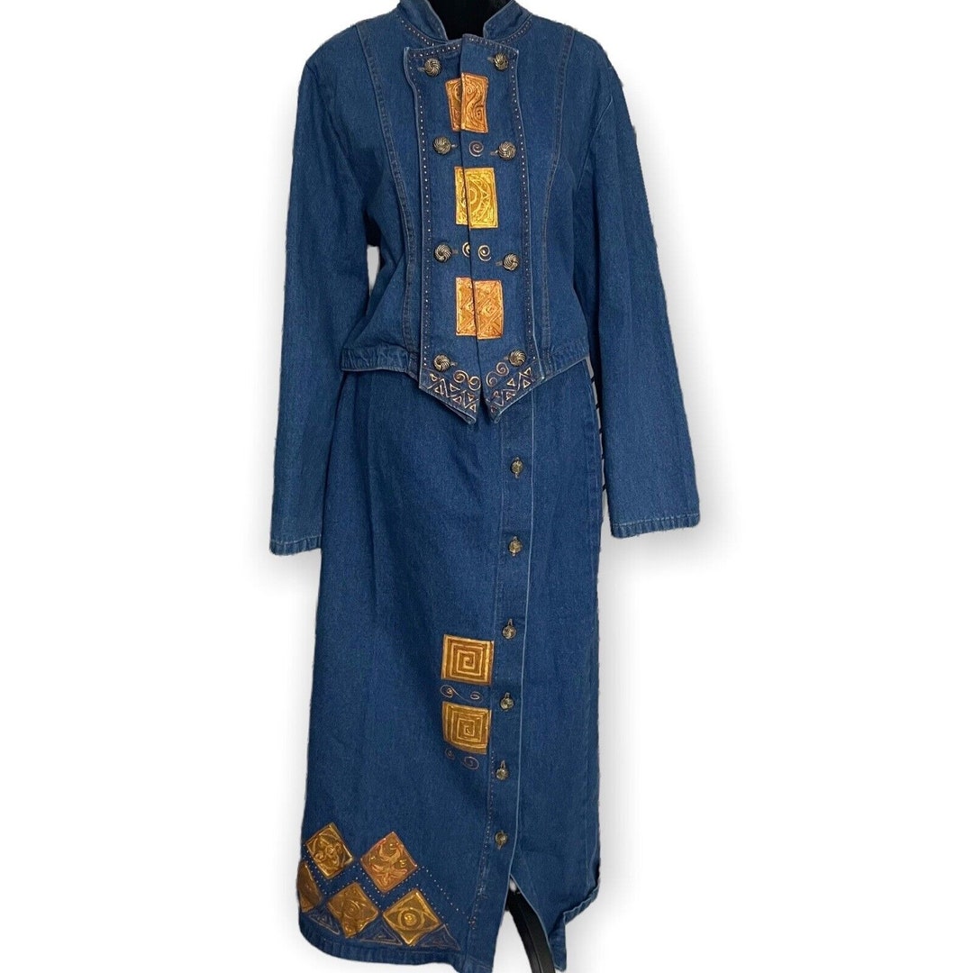 AC Clothing Vintage Two Piece Denim Hand Painted Military Jacket Skirt ...
