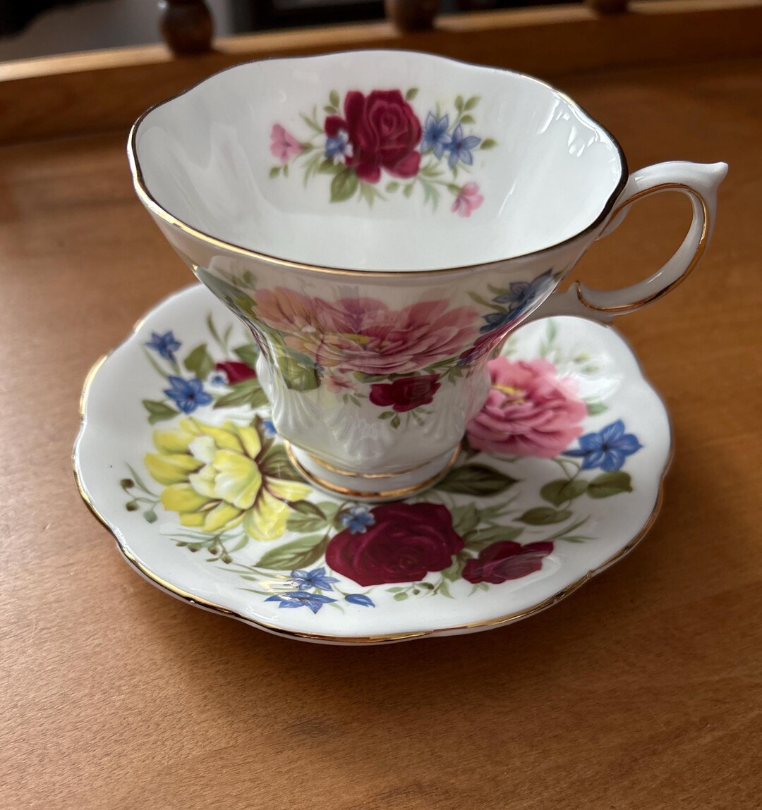 Royal Albert Somerset Tea Cup and Saucer Set, Pink Red Yellow Roses ...