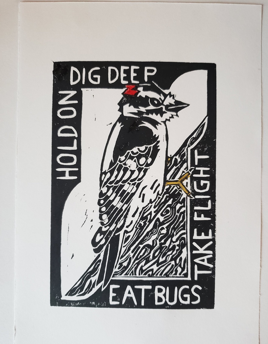 Woodpecker Survival Tips • Linocut Print - Etsy