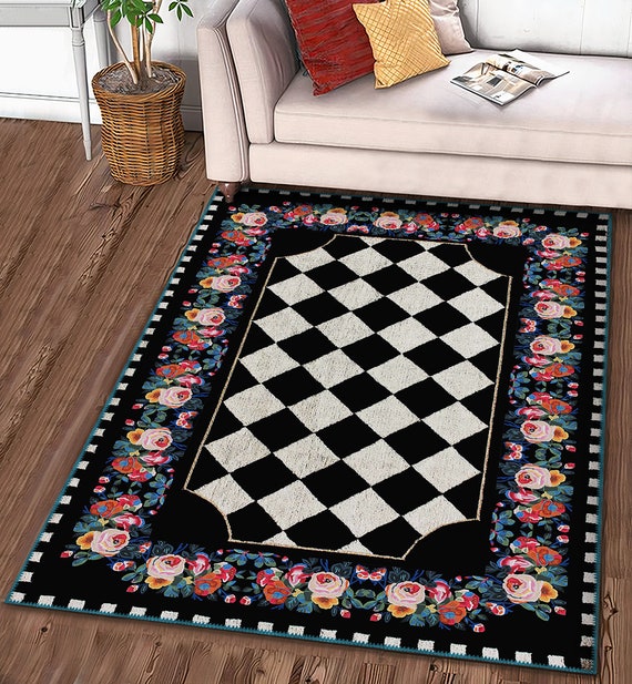 Ethnic Floral Patterned Checkered Carpet Woven Original | Etsy
