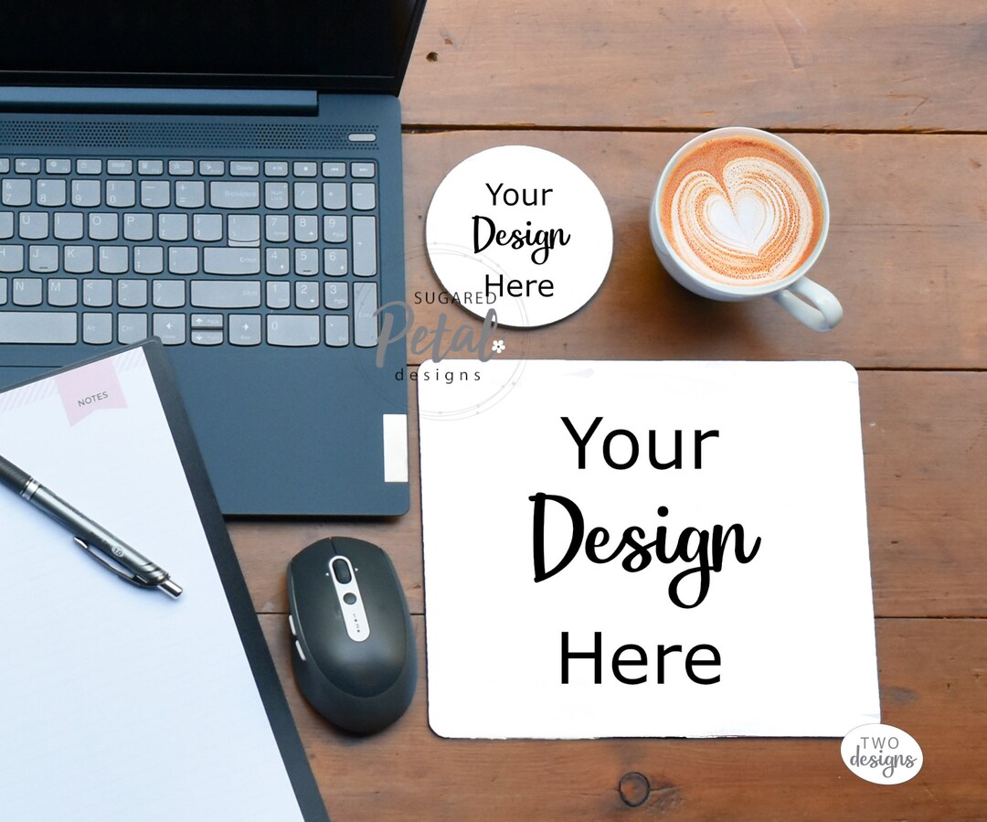2 Designs | Desk Set Mouse Pad & Round Coaster Mockup | Digital ...