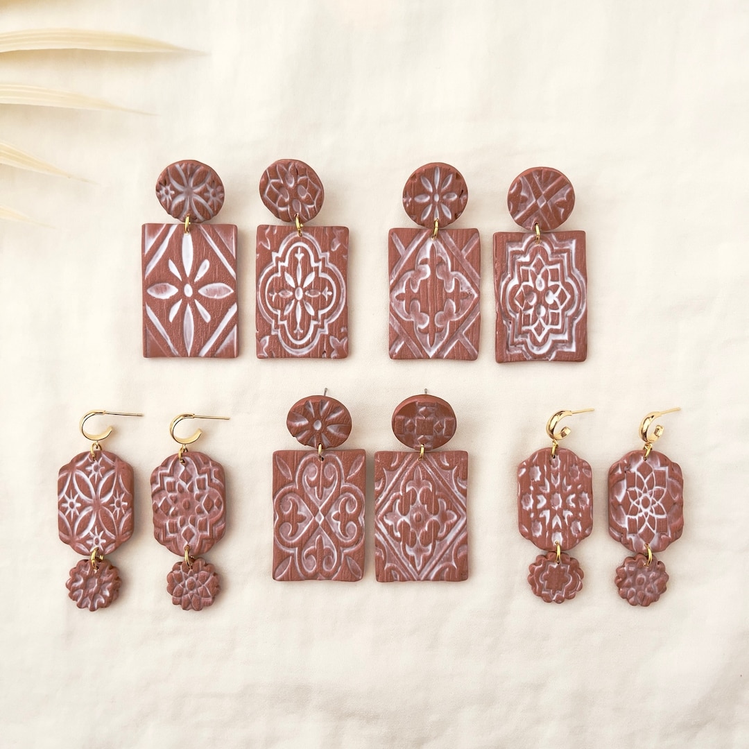 TERRACOTTA TILES Painted Terracotta Tile Earrings Neutral Earrings Boho ...