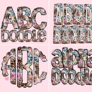 Floral Boho Leaopard Mega Doodle Letter Bundle, Alphabet Set, Clip Art ...