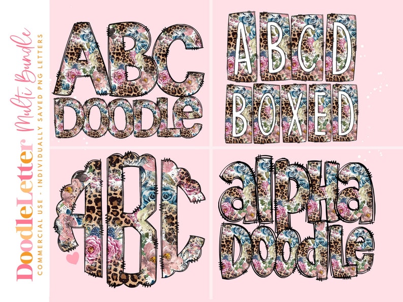 Floral Boho Leaopard Mega Doodle Letter Bundle, Alphabet Set, Clip Art ...