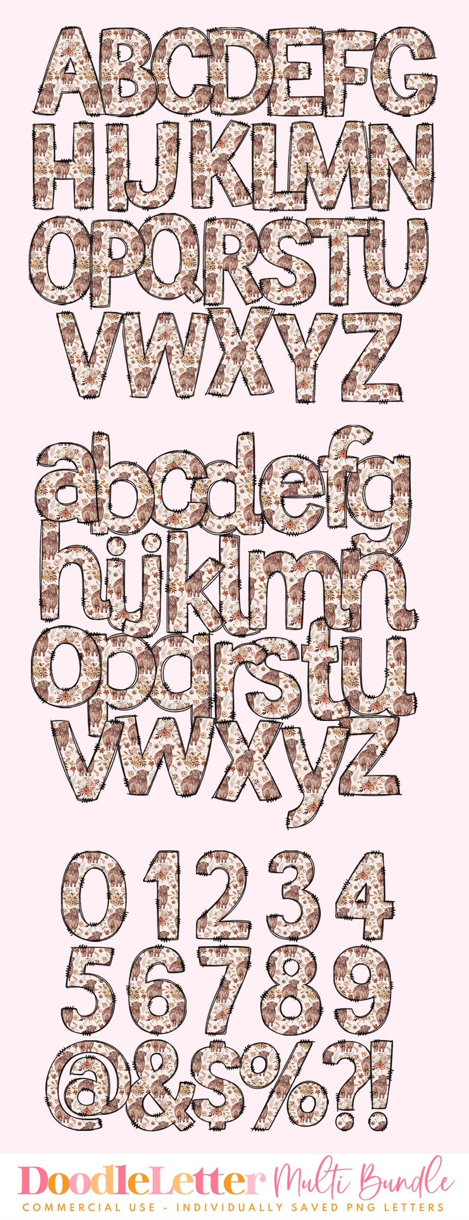 Fall Highland Cow Pattern Mega Doodle Letter Bundle, Alphabet Set, Clip ...